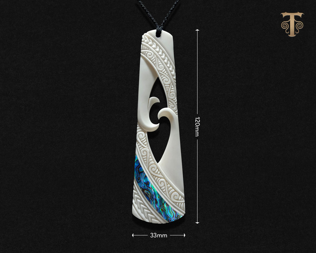 Hand-Carved Maori Bone Toki Pendant | Koru & Paua | NZ Art – Toa Bone