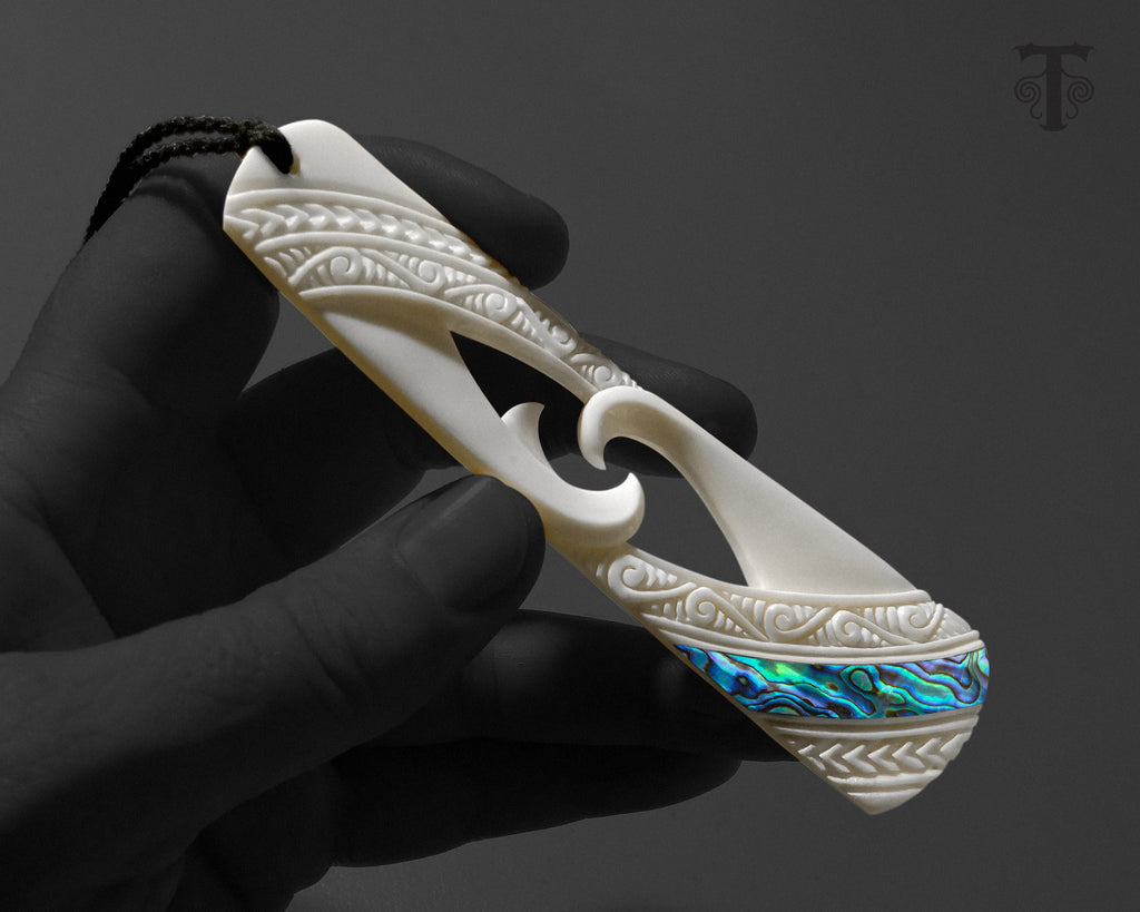 Hand-Carved Maori Bone Toki Pendant | Koru & Paua | NZ Art – Toa Bone